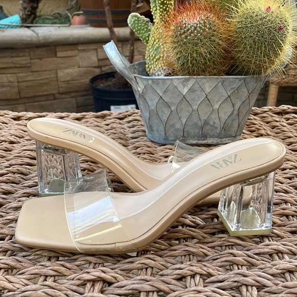Zara | Shoes | Zara Transparent Square Toes Chunky Heels Sandals | Poshmark
